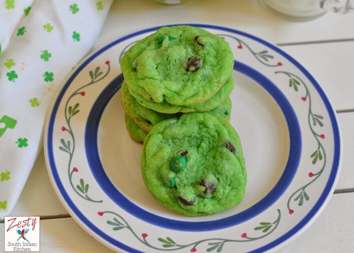 Green chocolate chip cookies for St. Patrick Day - Zesty South Indian ...