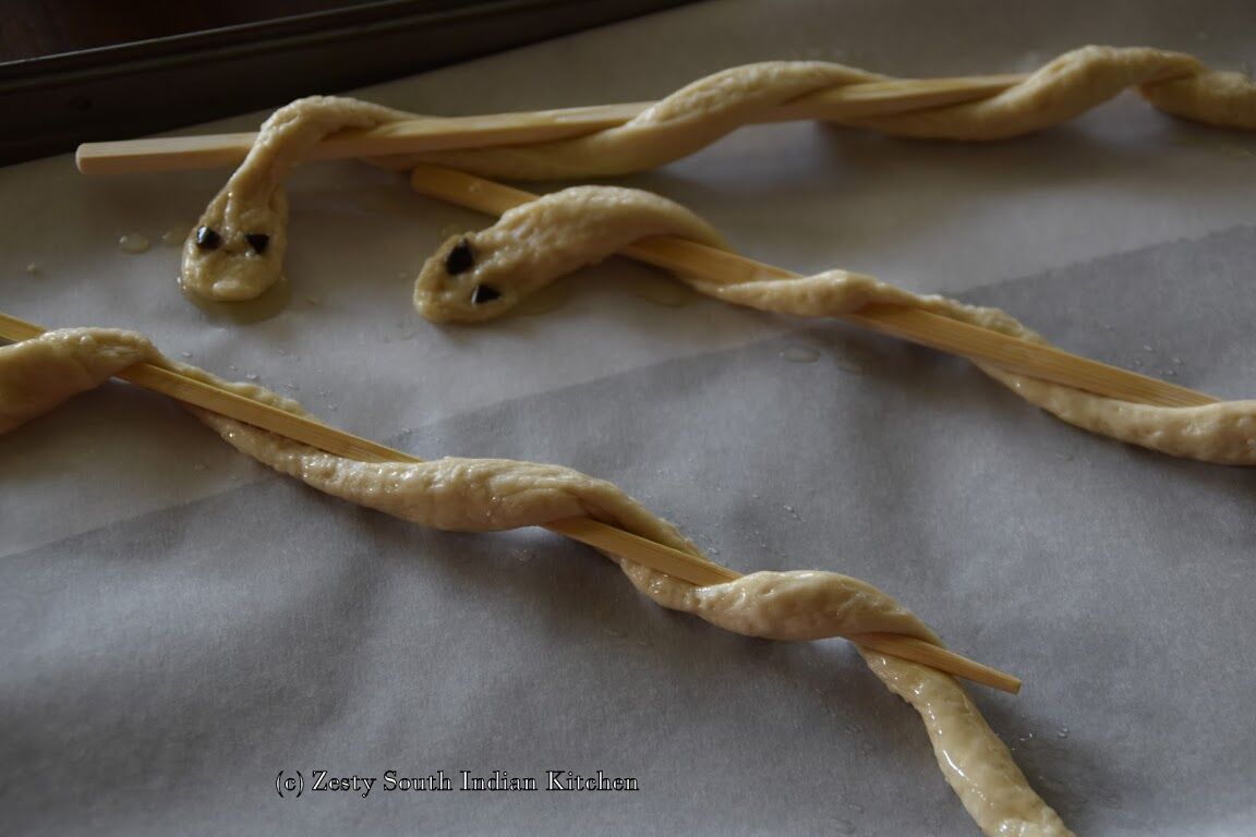 Bread Stick Snakes - Zesty South Indian Kitchen
